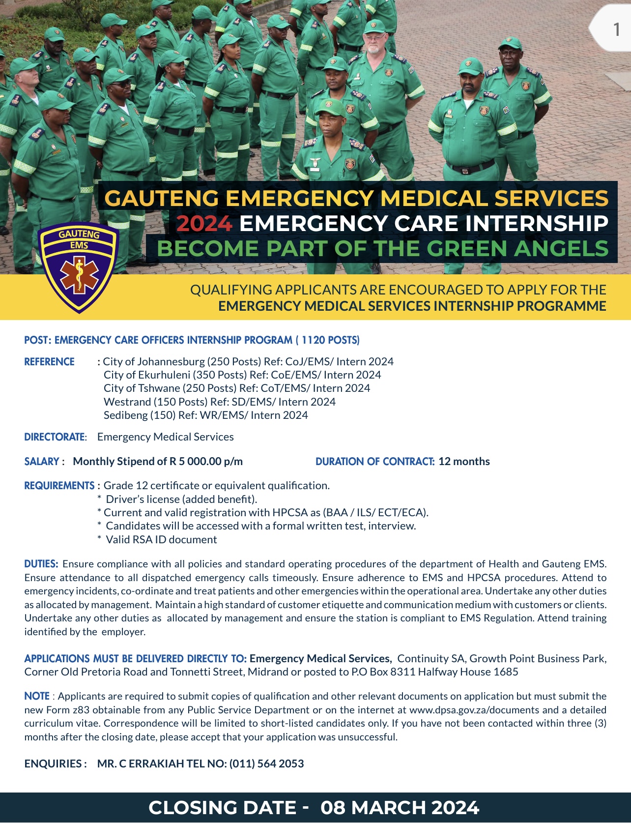 Gauteng Emergency Medical Services (EMS) Internship Positions (X1120 Posts)