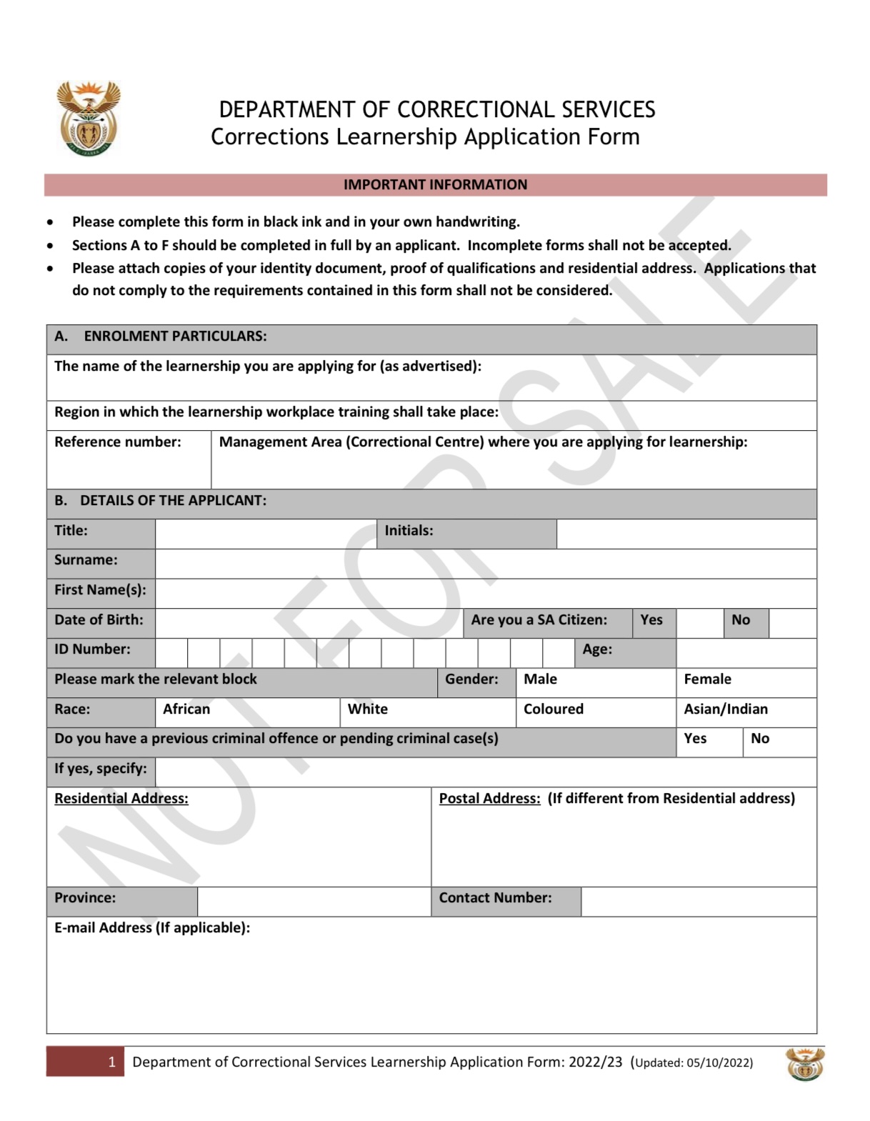 Department of Correctional Services: Learnership Application Form 2025/2026
